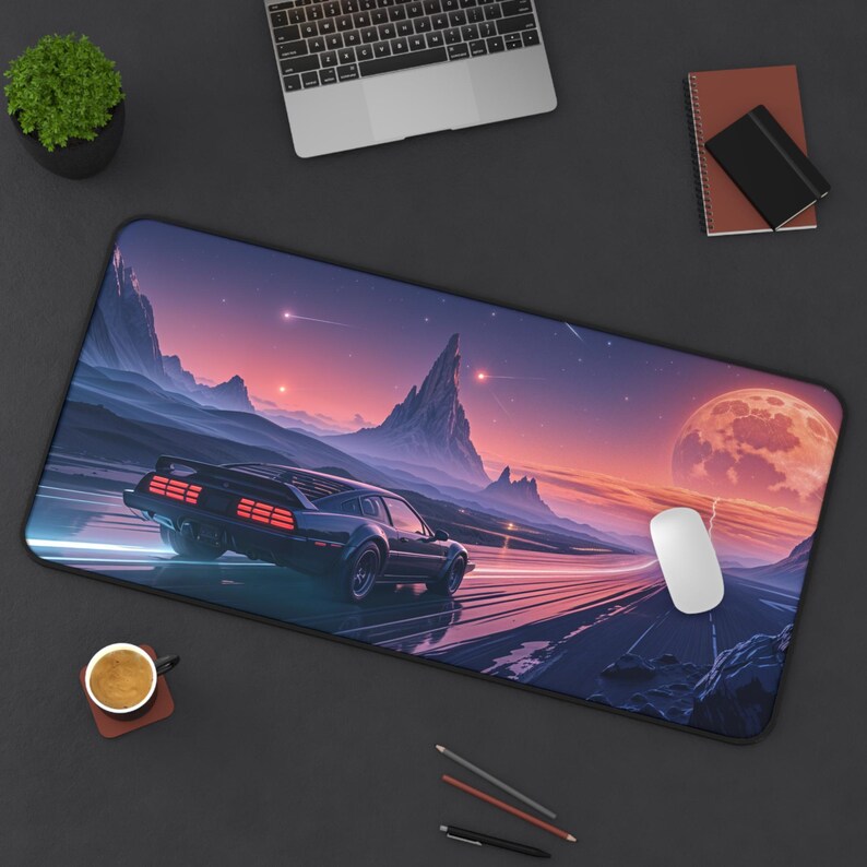 Retro Futuristic Road Trip Illustration Mouse Pad, Desk Mat, Gaming ...