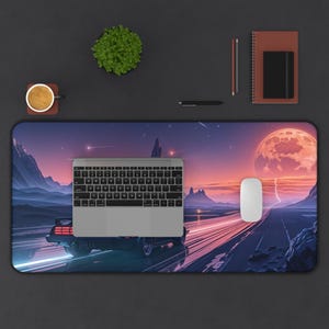 Retro Futuristic Road Trip Illustration Mouse Pad, Desk Mat, Gaming ...