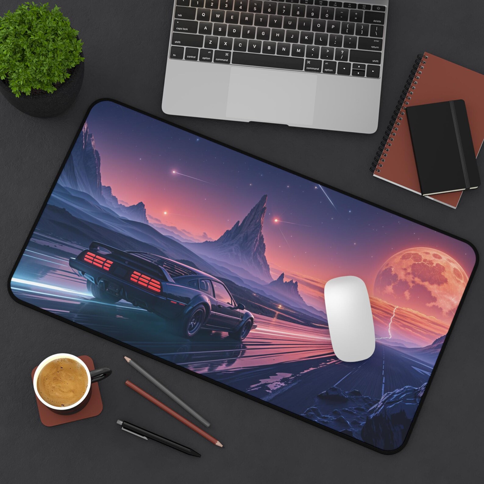 Retro Futuristic Road Trip Illustration Mouse Pad, Desk Mat, Gaming ...