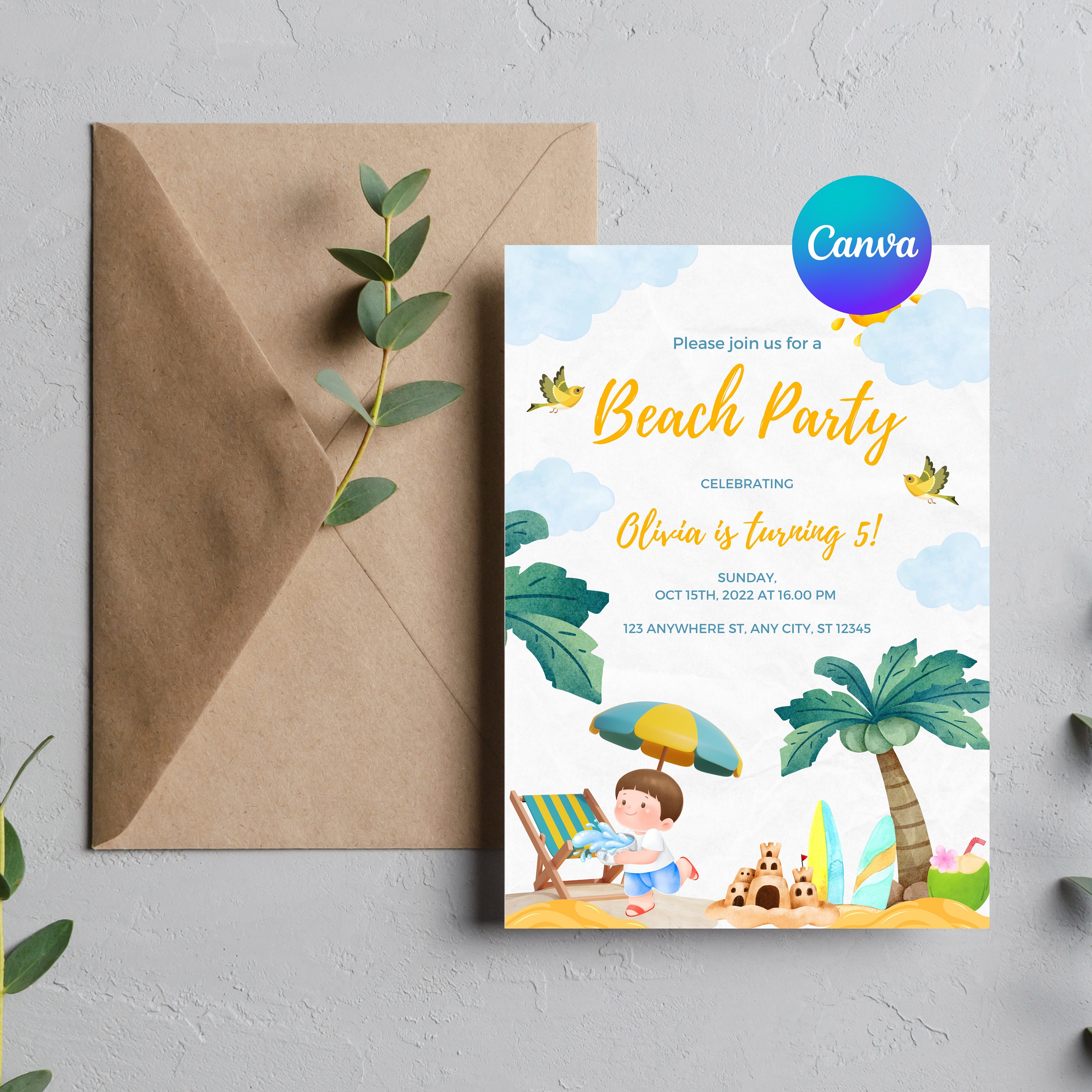 EDITABLE BEACH Birthday Invitation, Printable Template Instant Download ...