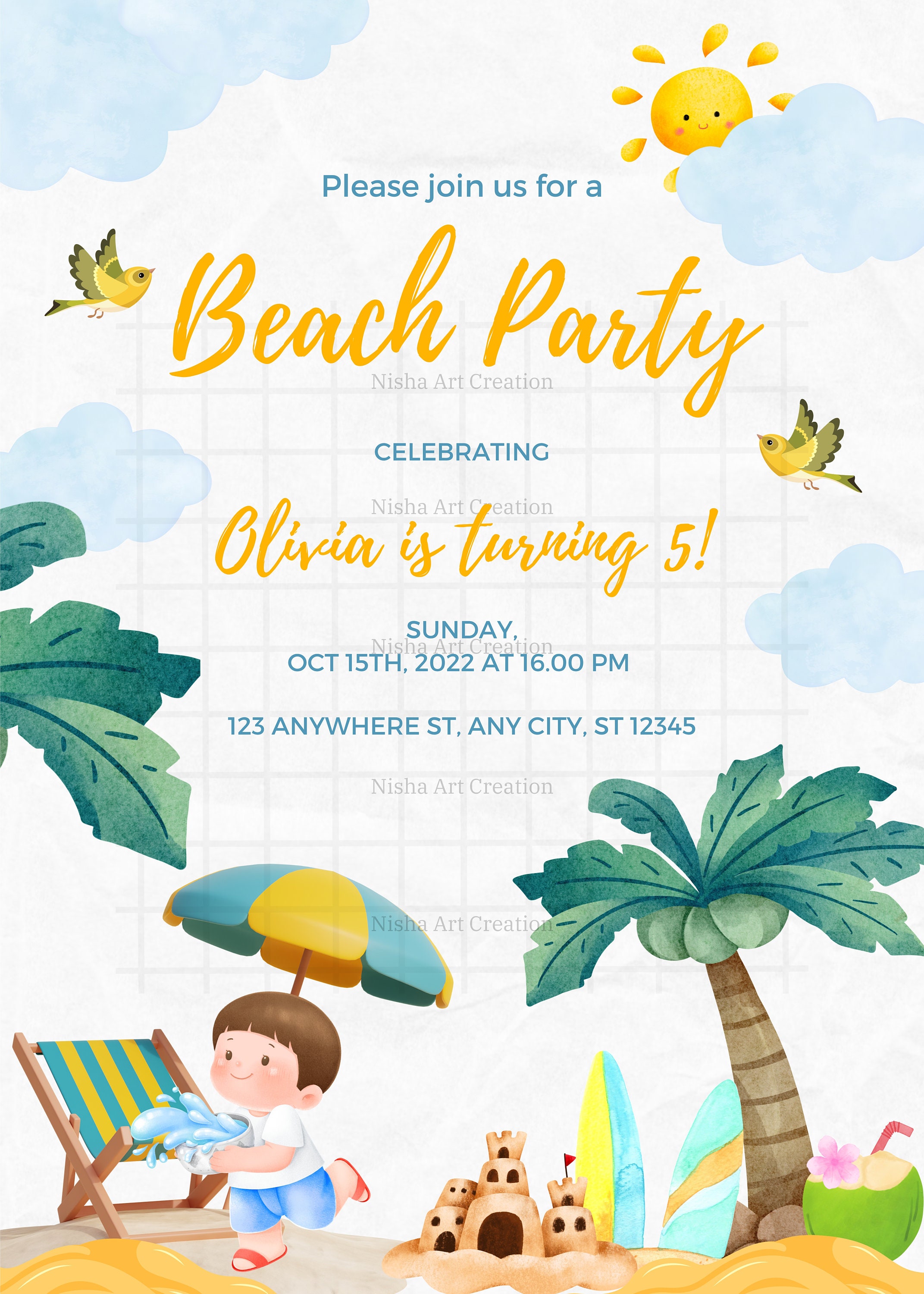 EDITABLE BEACH Birthday Invitation, Printable Template Instant Download ...