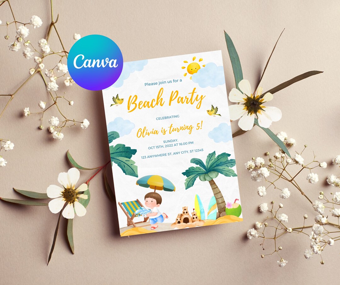 EDITABLE BEACH Birthday Invitation, Printable Template Instant Download ...
