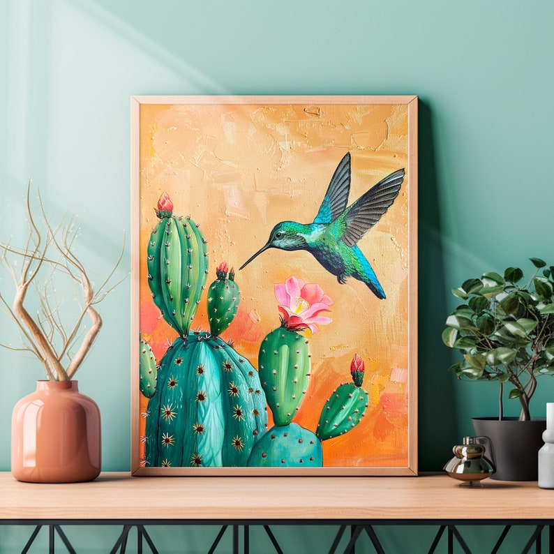 Printable Nopal Cactus & Colibri, Mexican Folk Art, Hummingbird Print ...