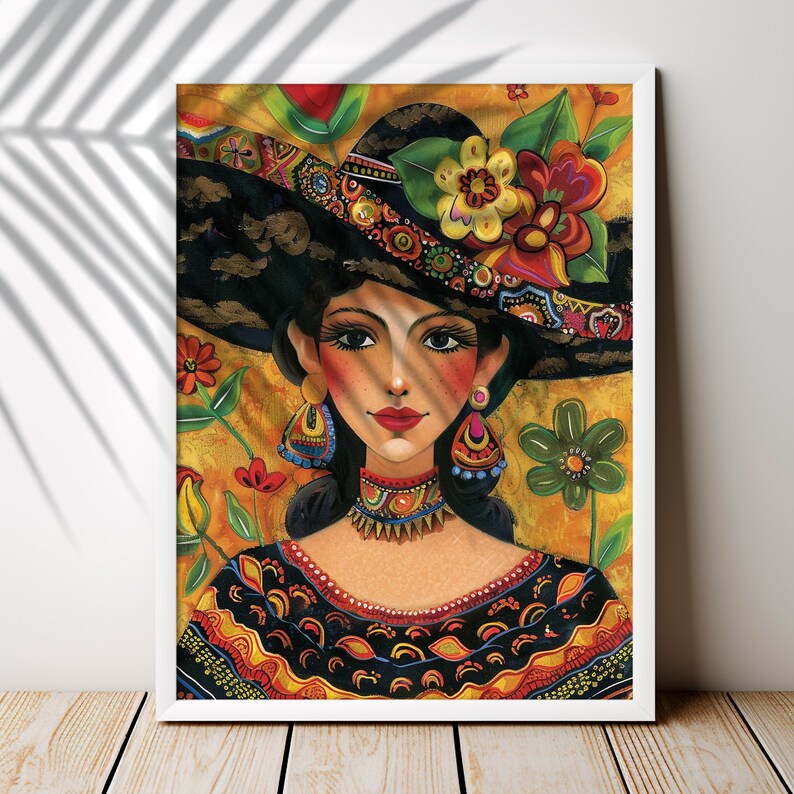 Printable Mexican Naive Art, Woman in Sombrero Painting, Colorful ...