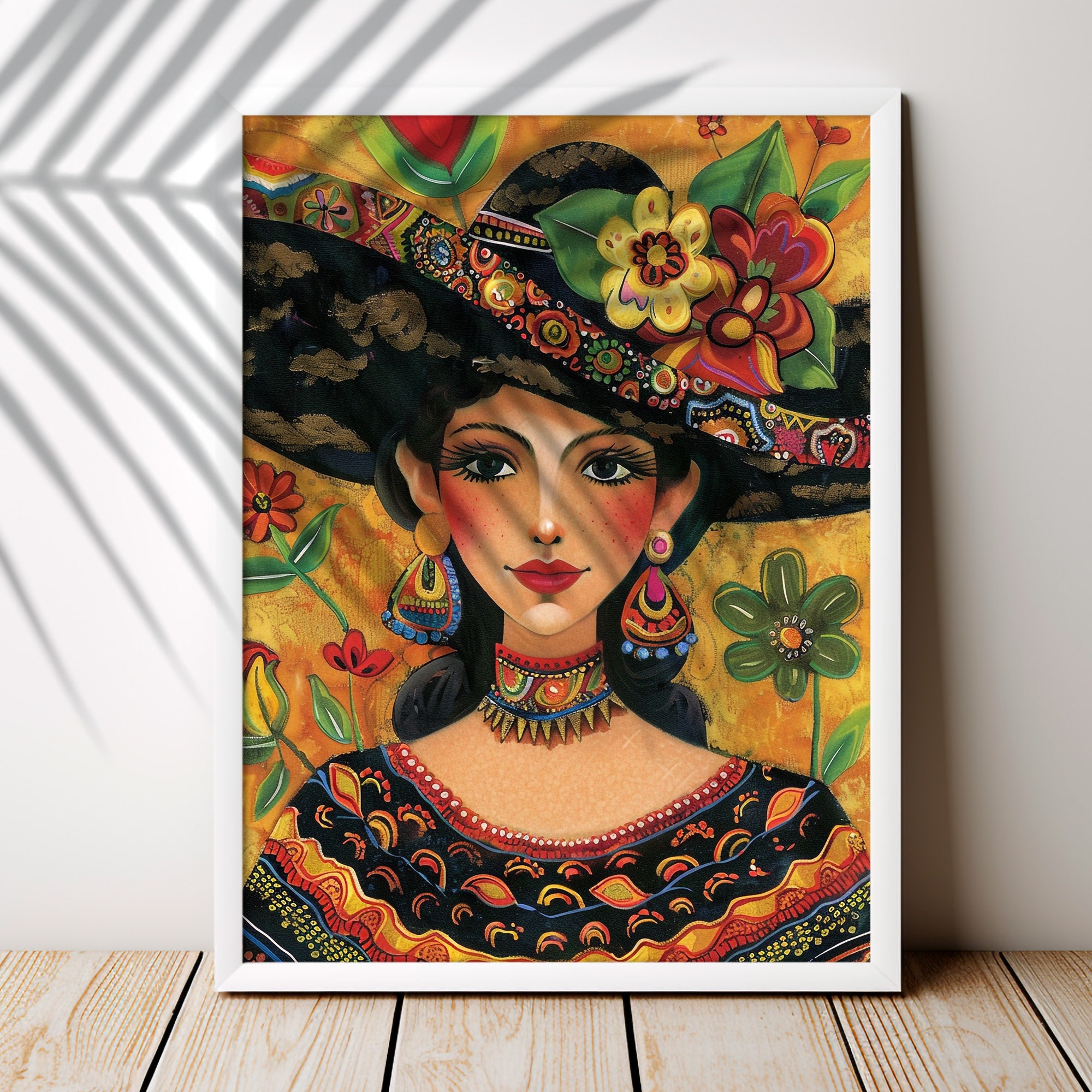 Printable Mexican Naive Art, Woman in Sombrero Painting, Colorful ...