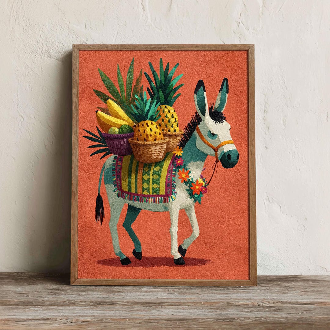 Mexican Donkey Print, Printable Latin Folk Fruit Wall Art, Digital ...