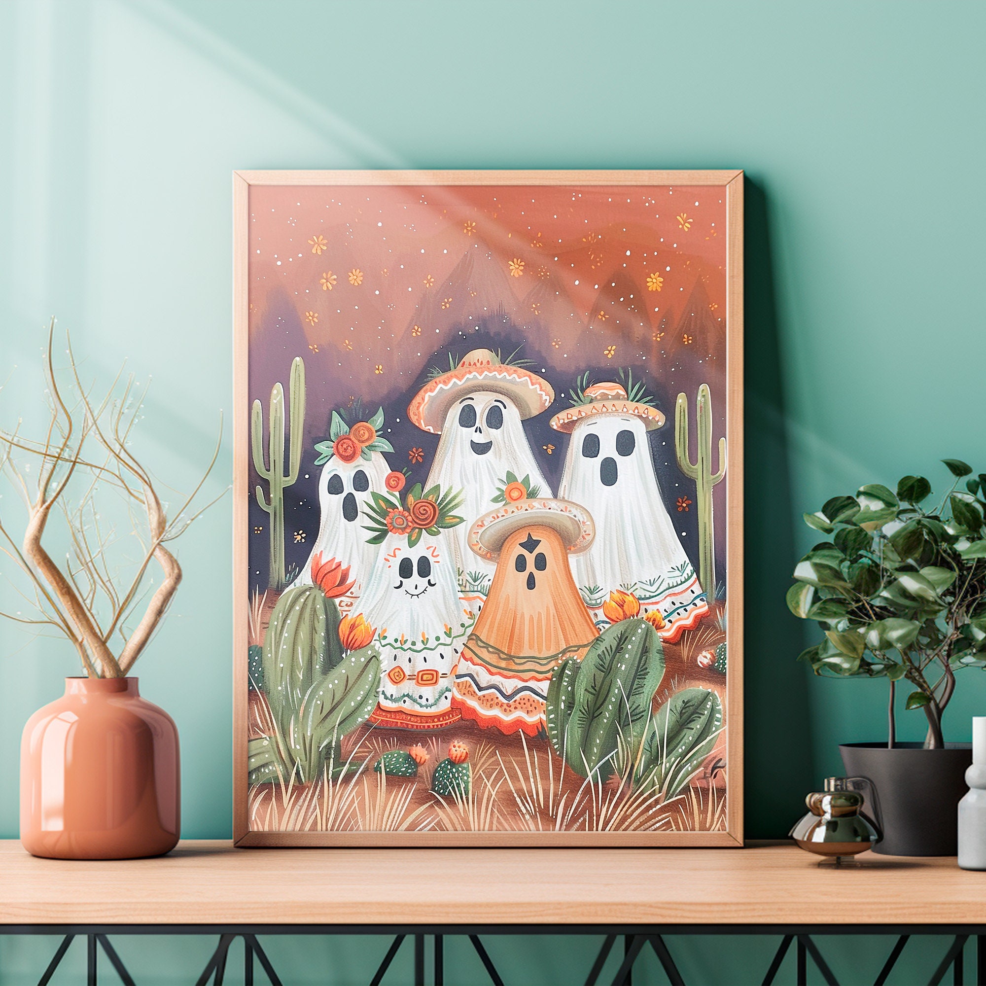 Halloween Ghost Family Print: Mexican Folk Art, Cactus Desert (digital ...