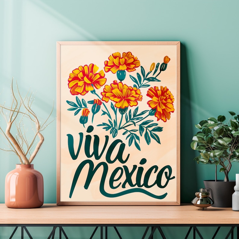 Printable Viva Mexico Poster, Digital Marigold Flowers Print ...