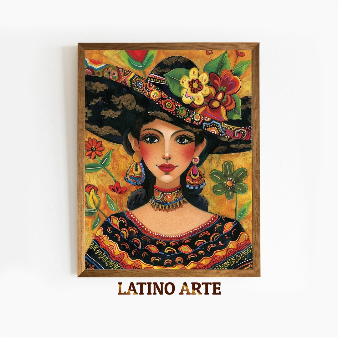 Printable Mexican Naive Art, Woman in Sombrero Painting, Colorful ...