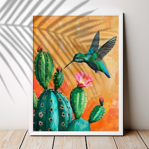 Printable Nopal Cactus & Colibri, Mexican Folk Art, Hummingbird Print ...