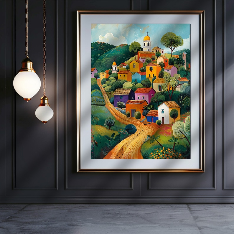 Mexican Naive Art Print: Tropical Village Church, Colorful Latin Decor ...