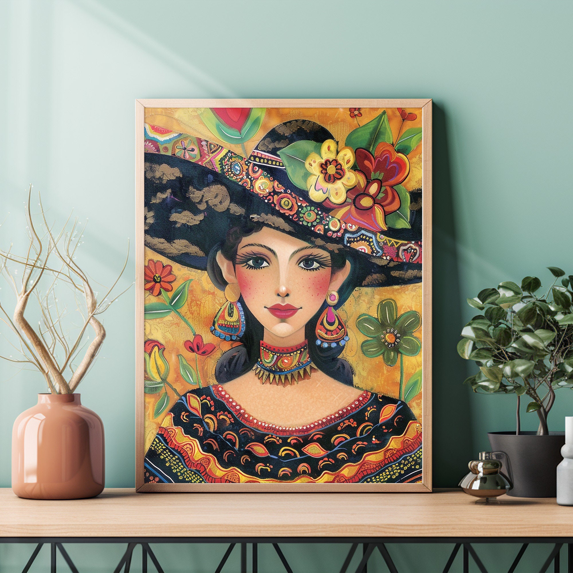 Printable Mexican Naive Art, Woman in Sombrero Painting, Colorful ...