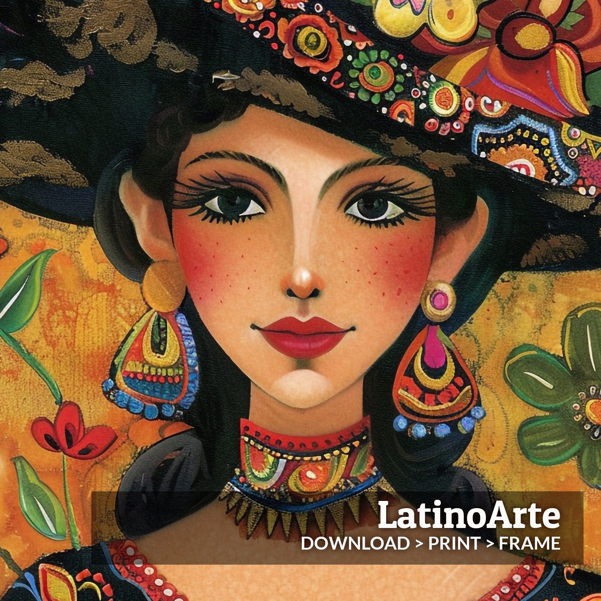 Printable Mexican Naive Art, Woman in Sombrero Painting, Colorful ...