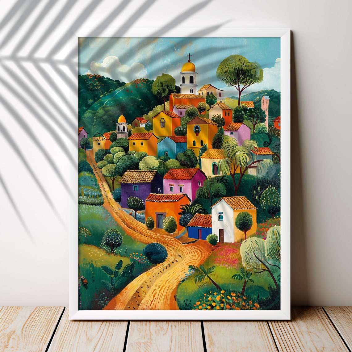 Mexican Naive Art Print: Tropical Village Church, Colorful Latin Decor ...