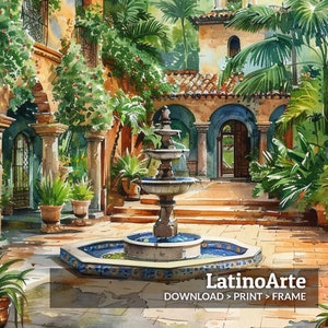 Printable Mexican City Courtyard, Colorful Hispanic Wall Art, Latin Art ...