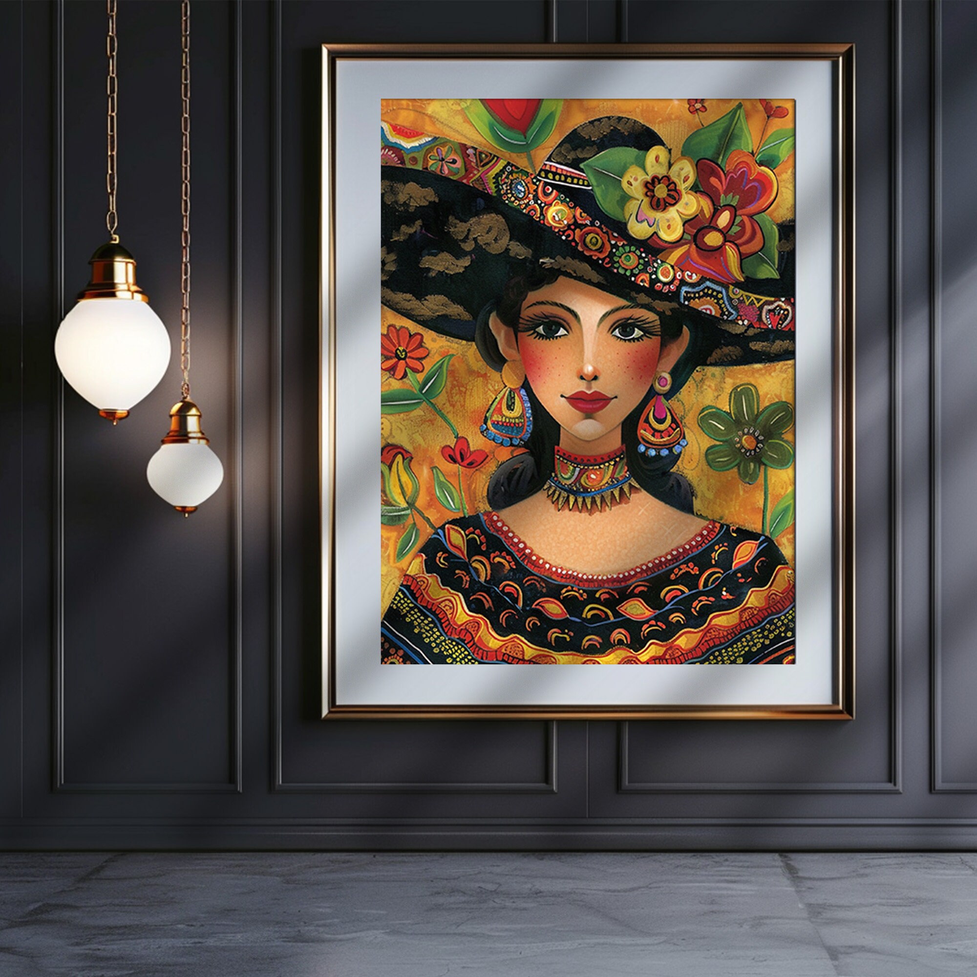 Printable Mexican Naive Art, Woman in Sombrero Painting, Colorful ...