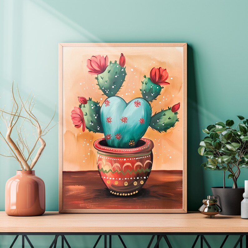 Heart Nopal Cactus Printable: Mexican Folk Art Painting (digital ...