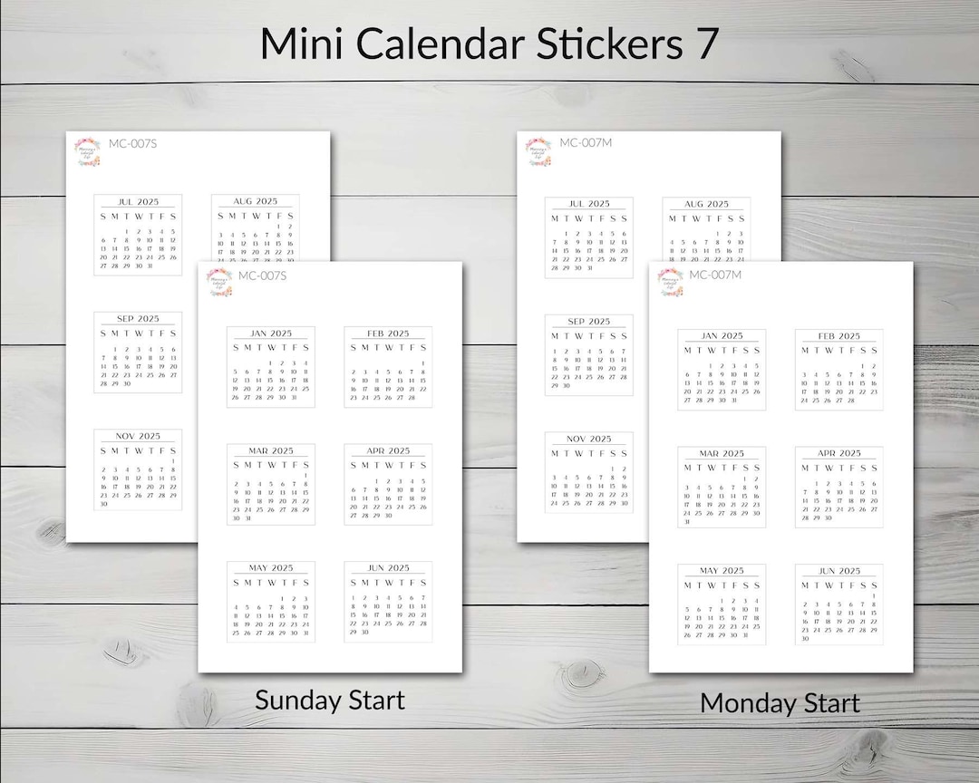 2025 Mini Calendar Stickers 7, Mini Calendar Sticker Sheets, Monday ...