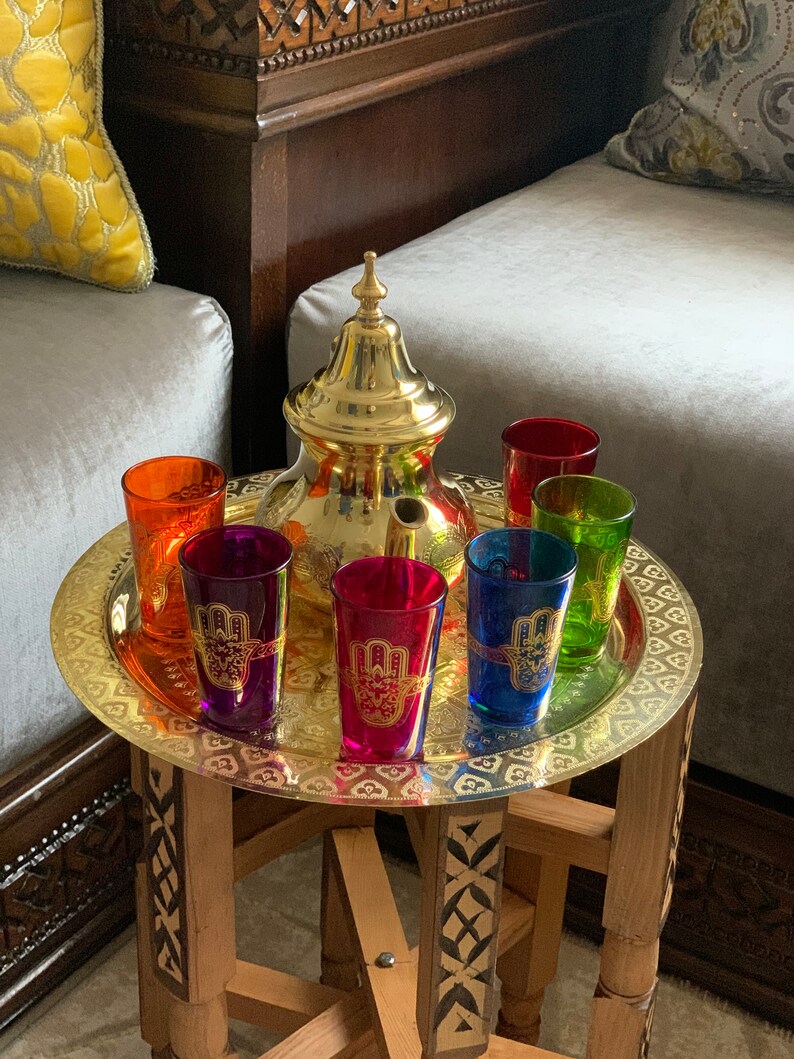 Moroccan Brass Tea Table , Moroccan Coffee Table Arabesque Engraved Carved Polished Brass Tray ...