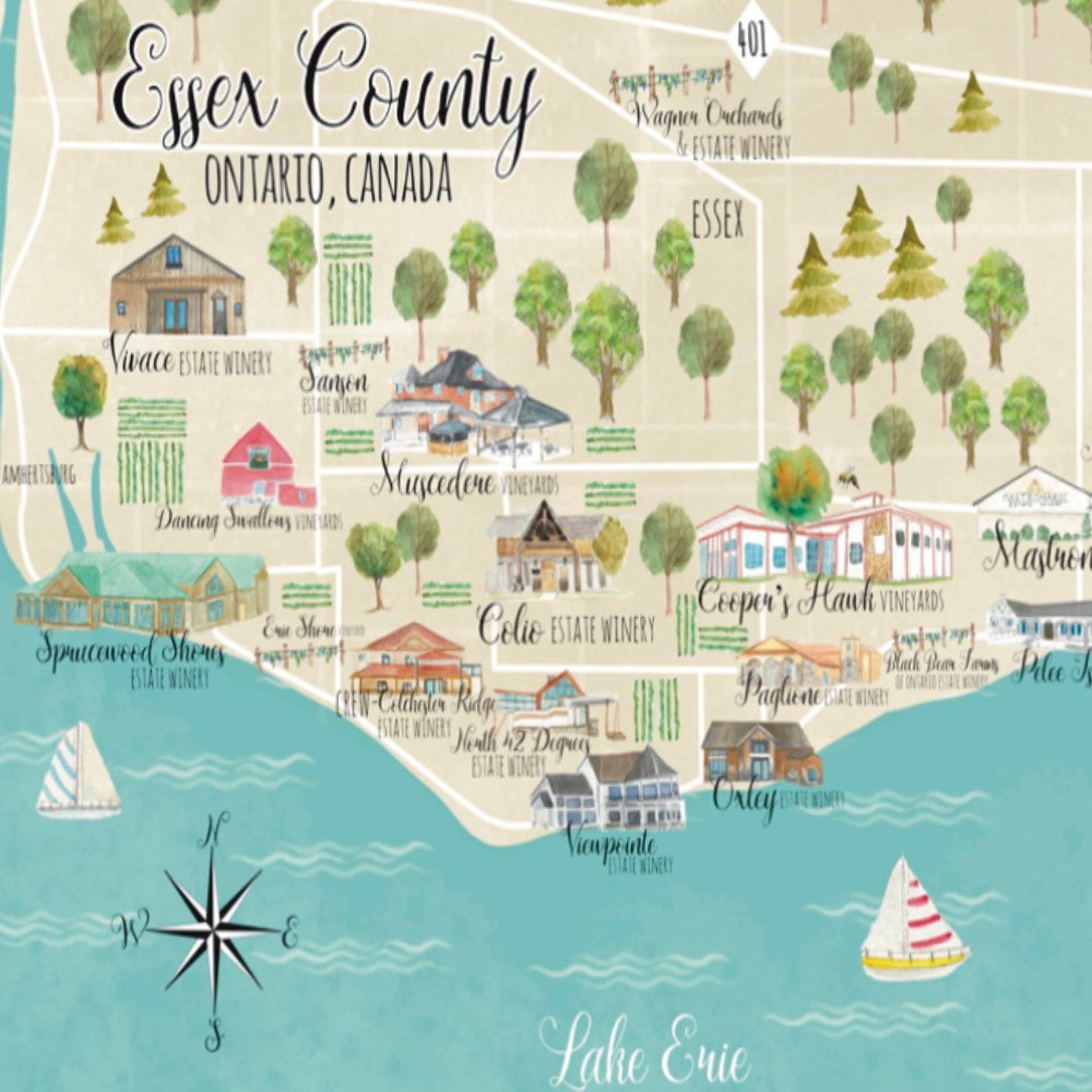 Essex County Wine Region Lake Ontario Winery Map Wall Art | Etsy