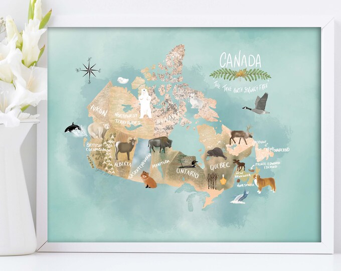 Canadian Map Watercolor Art Print, Canada Map, Nursery Art , Home Wall ...