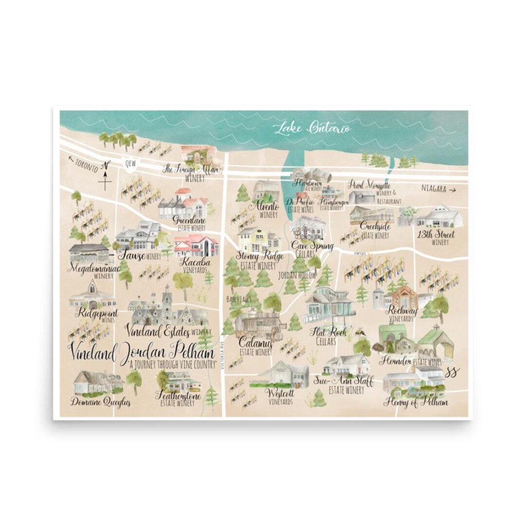 Niagara Wine Region Map Art Print, Vineland Jordan Pelham Ontario ...