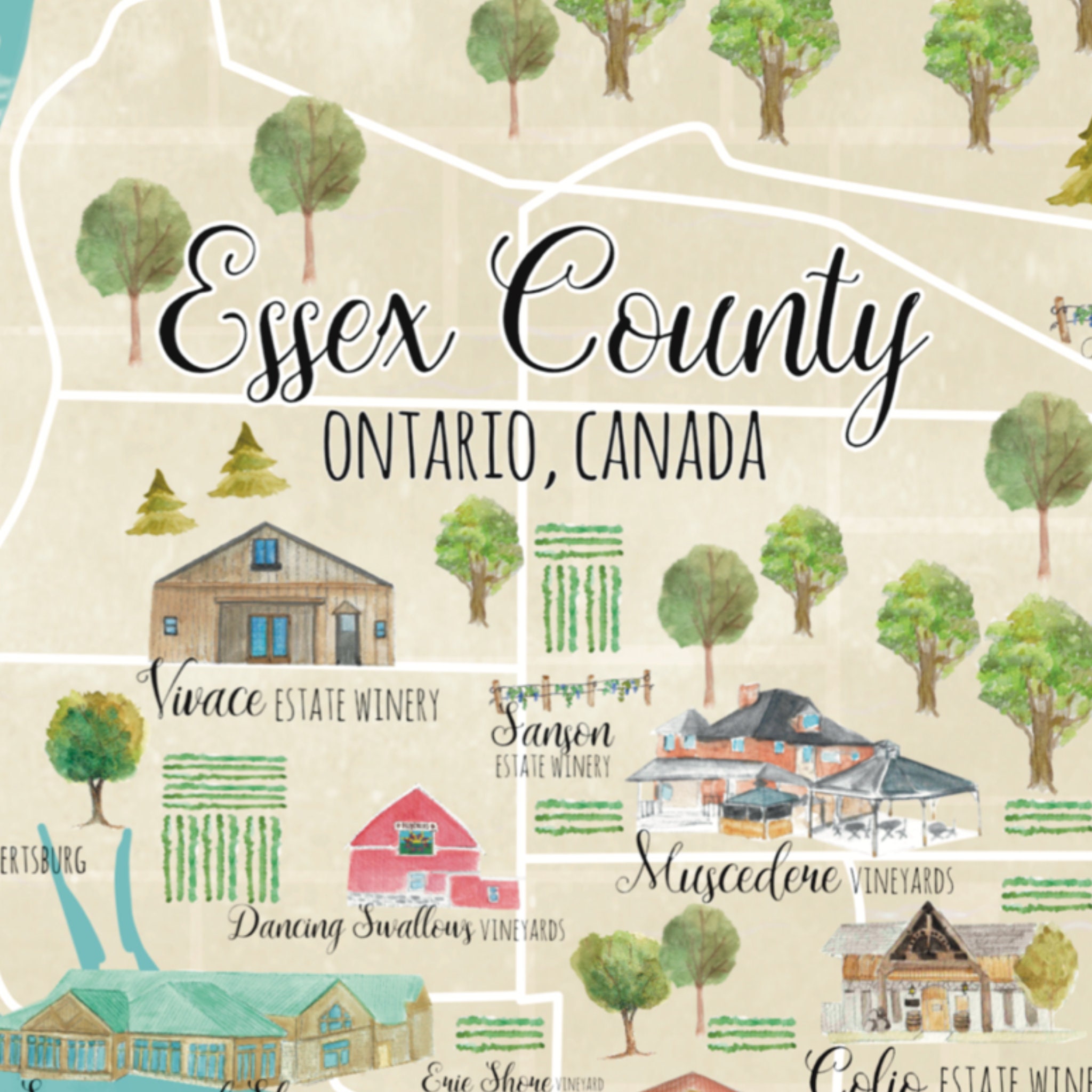 Windsor Essex County Wineries Map, Wine Art, Gift for Wine Lover ...