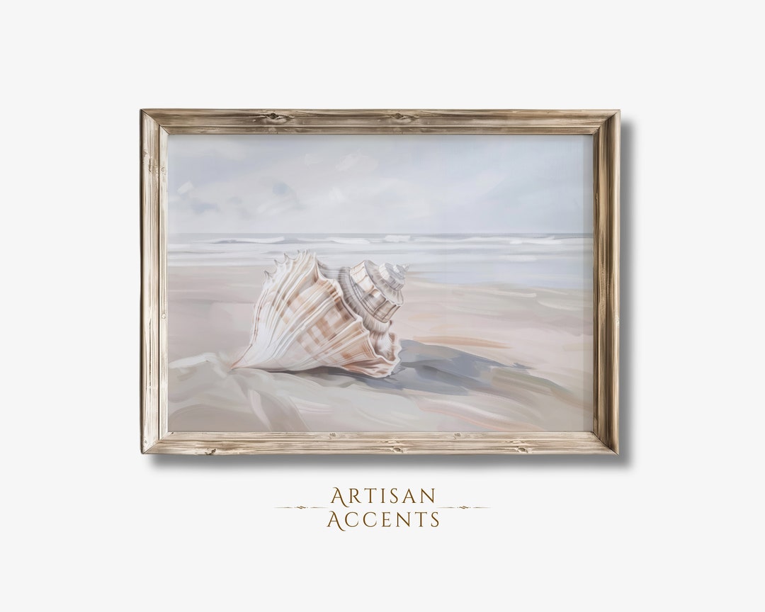 Seashell Beach Oil Painting, Oceanfront Wall Art, Shoreline Digital ...