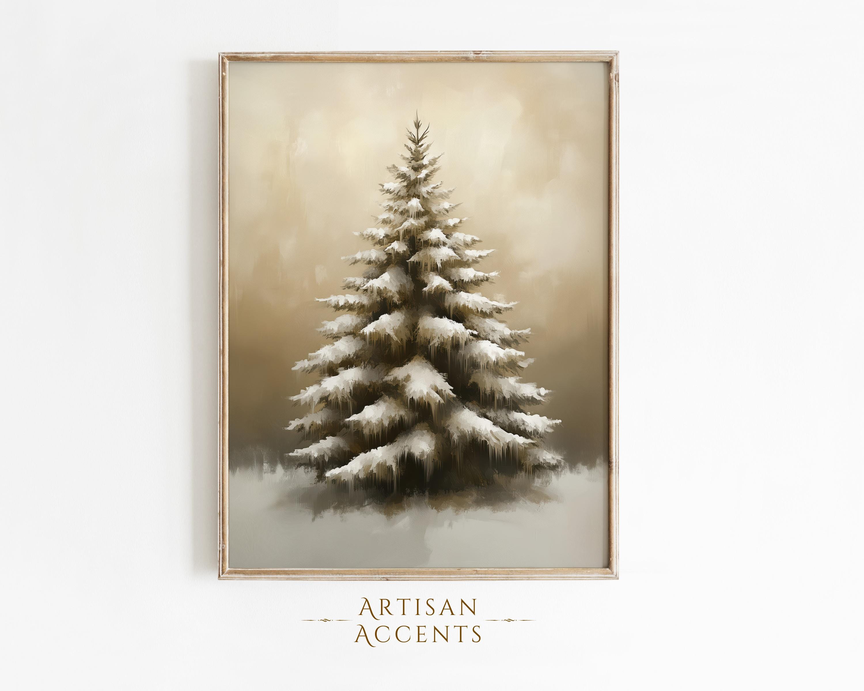Beige Christmas Tree Art Print, Rustic Gold Vintage Holiday Decor ...