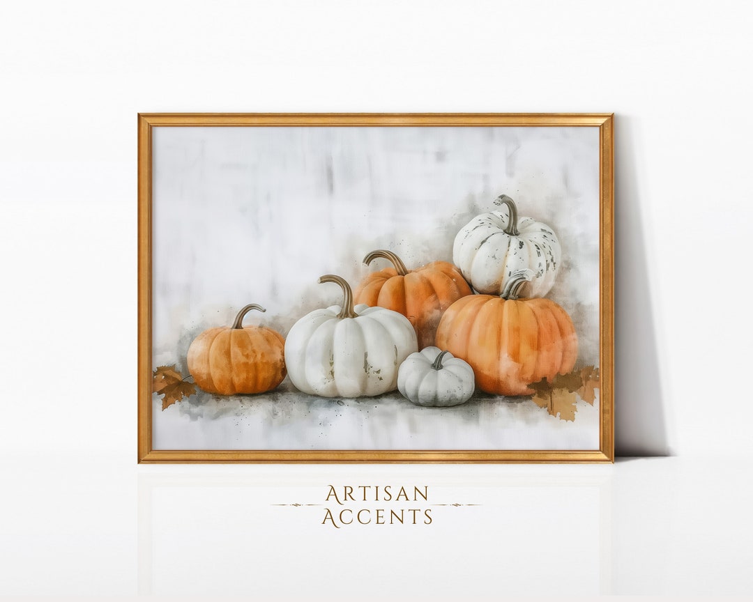 Autumn Pumpkins Painting, Wall Decor Digital Art Print, Fall Leaves ...