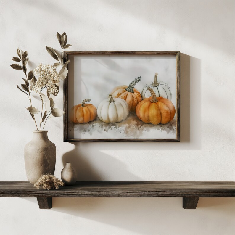 Autumn Pumpkins Painting, Wall Decor Digital Art Print, Fall Leaves ...