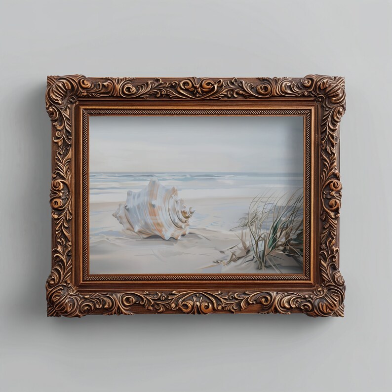 Seashell Beach Oil Painting, Oceanfront Wall Art, Shoreline Digital ...