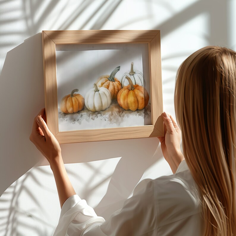 Autumn Pumpkins Painting, Wall Decor Digital Art Print, Fall Leaves ...
