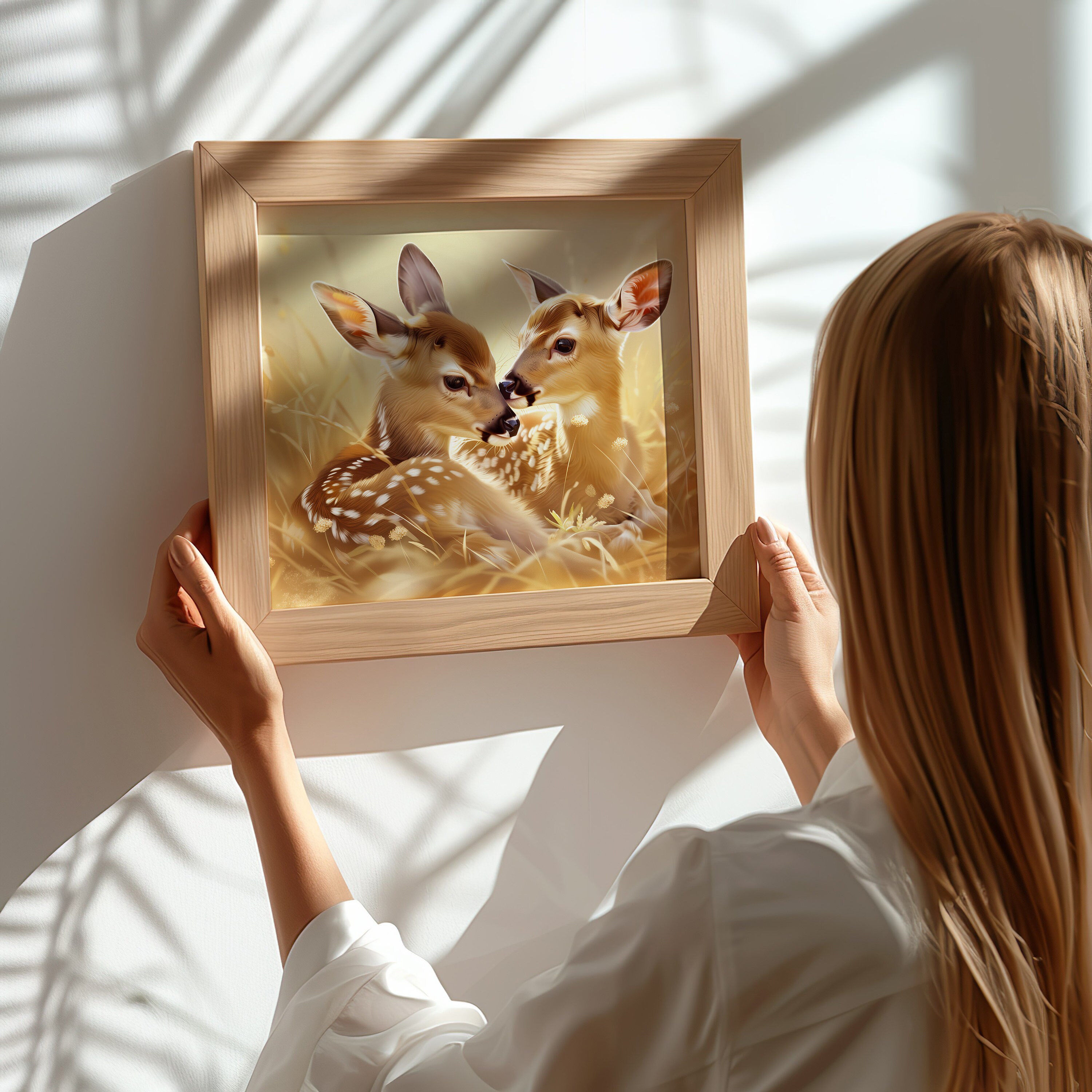 Fawns in Wildflowers Oil Painting, Wall Decor Digital Art Print ...
