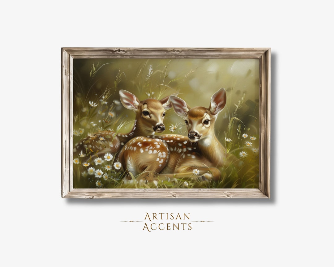 Fawns in Wildflowers Oil Painting, Wall Decor Digital Art Print ...