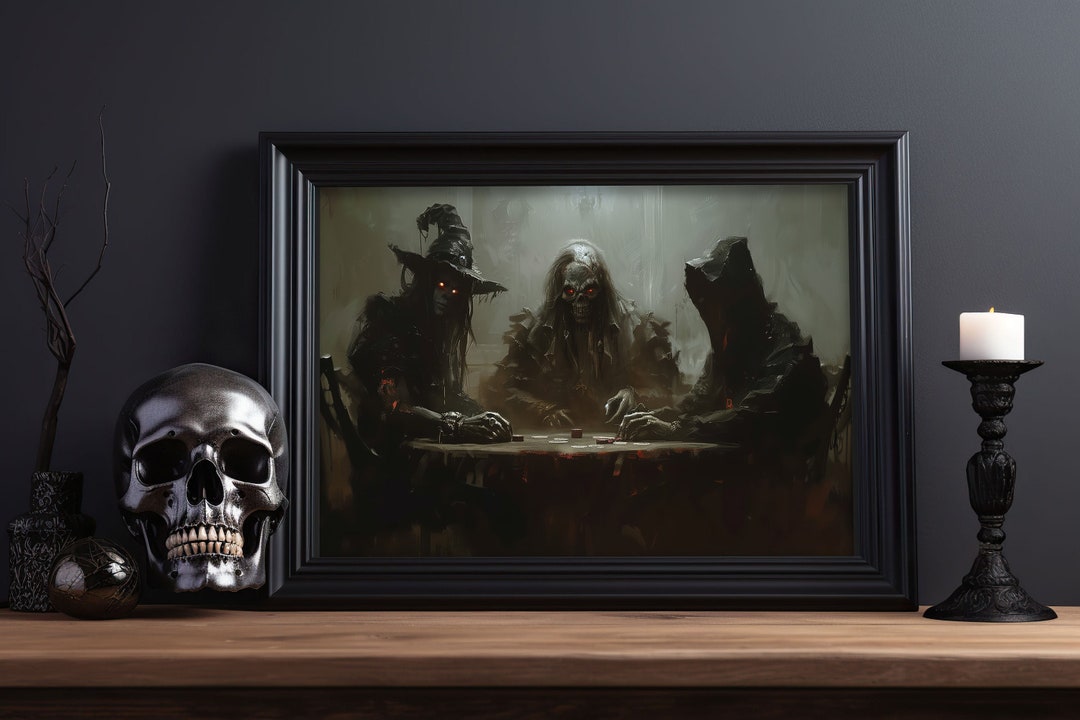 Spooky Poker Oil Painting, Wall Decor Digital Art Print, Fall Leaves ...