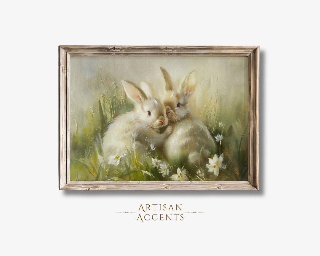 Bunnies in Spring Oil Painting, Wall Decor Digital Art Print ...
