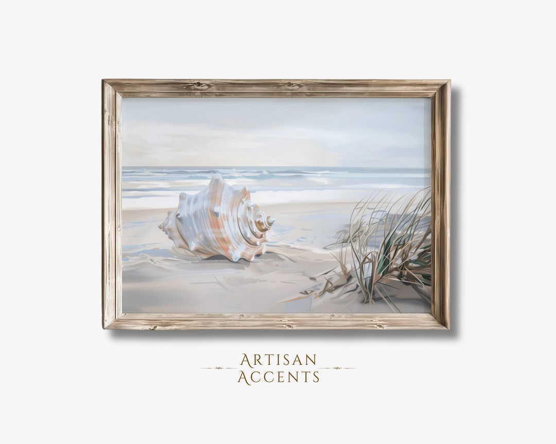 Seashell Beach Oil Painting, Oceanfront Wall Art, Shoreline Digital ...