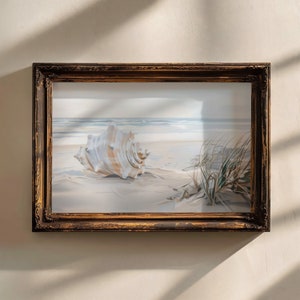 Seashell Beach Oil Painting, Oceanfront Wall Art, Shoreline Digital ...
