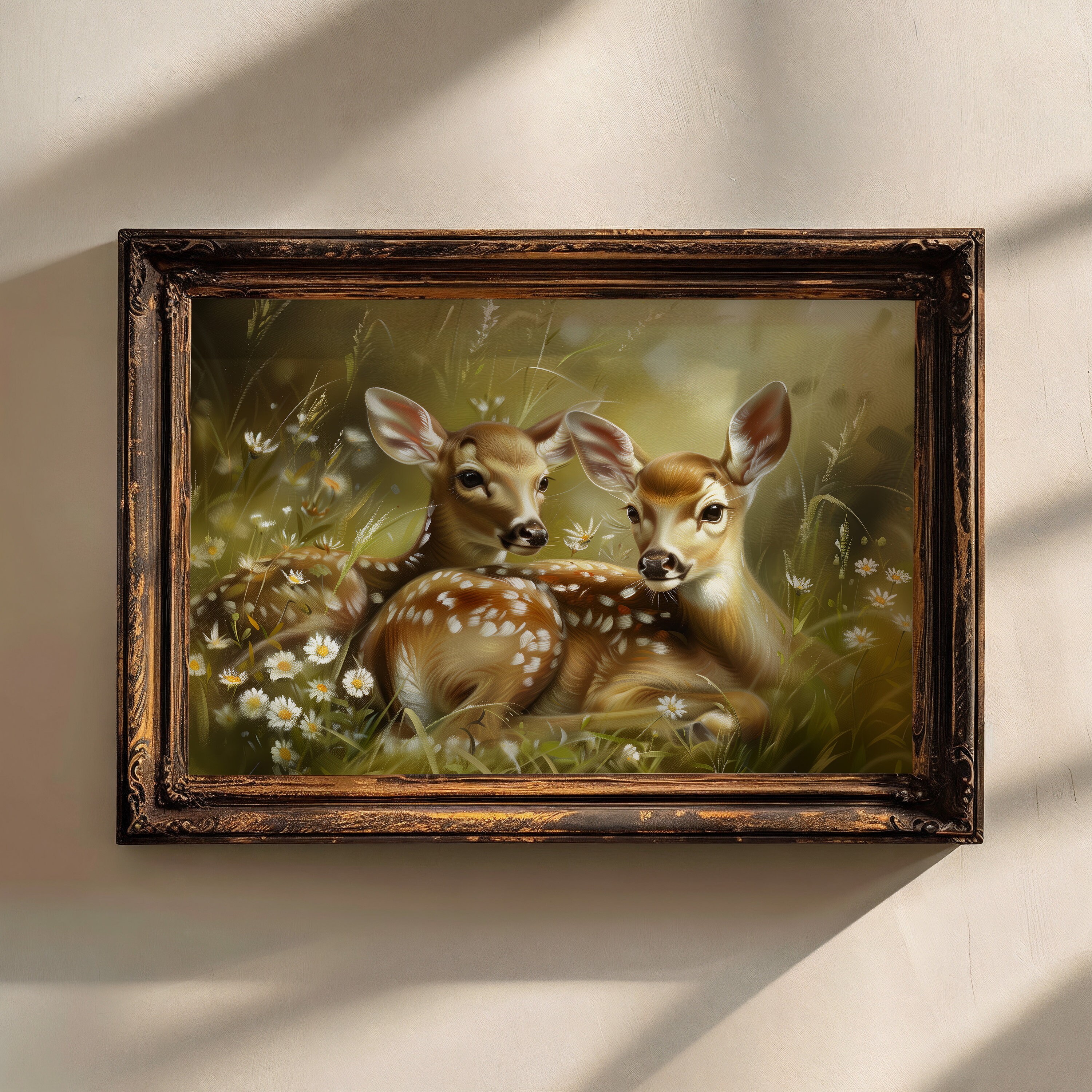 Fawns in Wildflowers Oil Painting, Wall Decor Digital Art Print ...