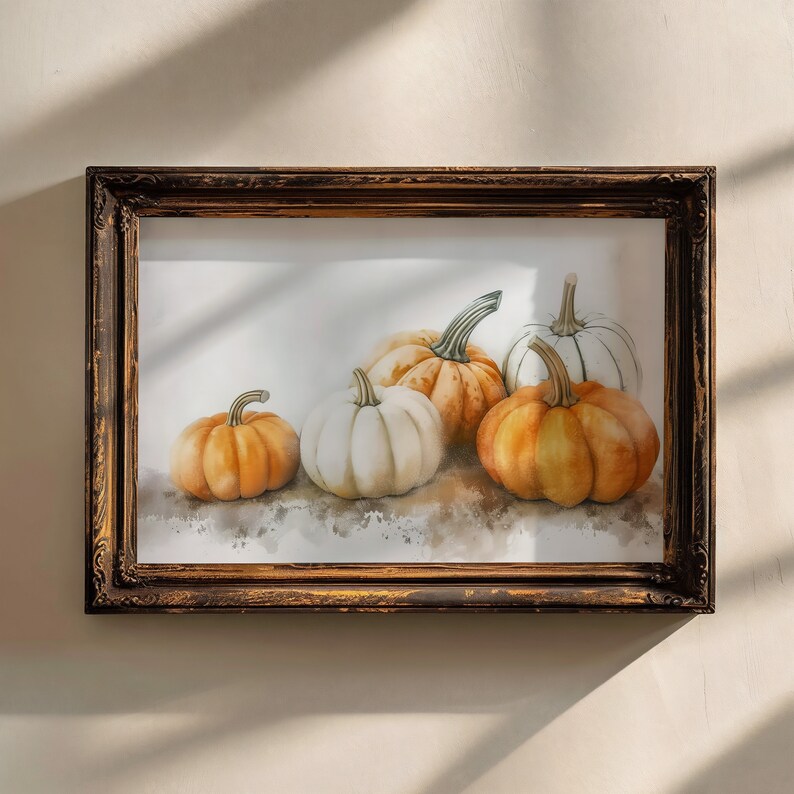 Autumn Pumpkins Painting, Wall Decor Digital Art Print, Fall Leaves ...
