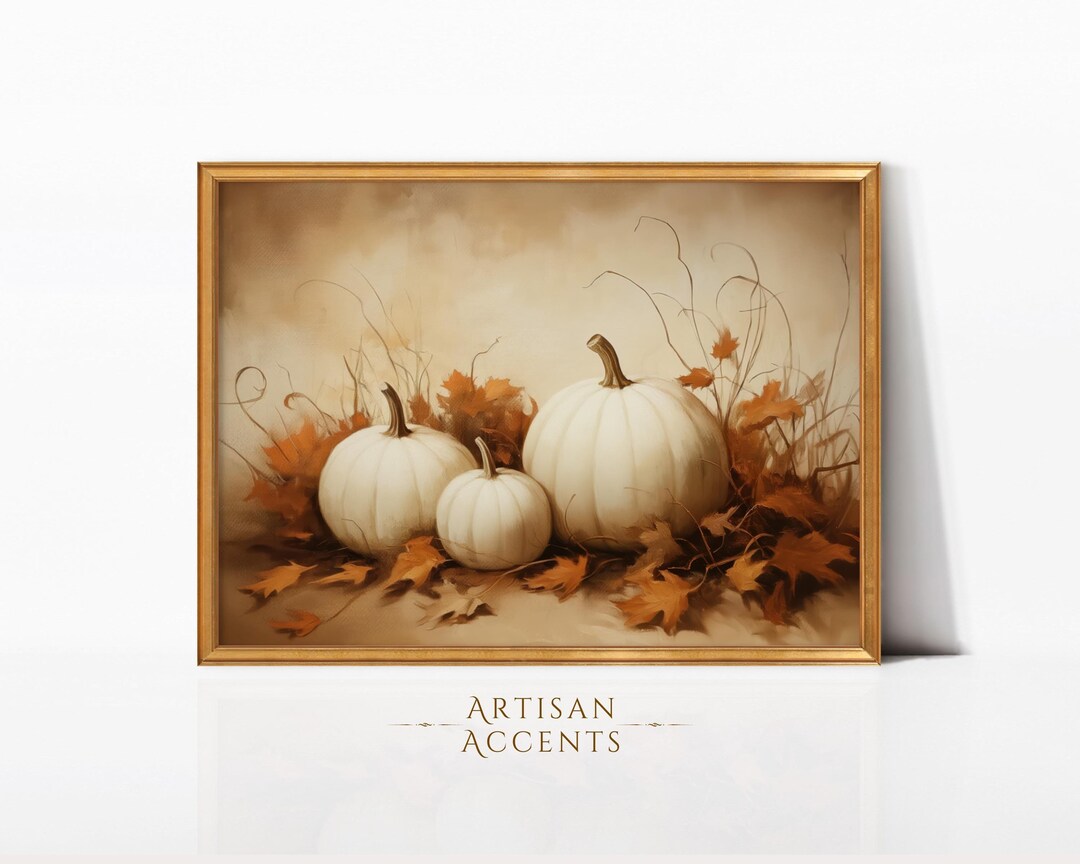 Autumn Pumpkins Painting, Wall Decor Digital Art Print, Fall Leaves ...