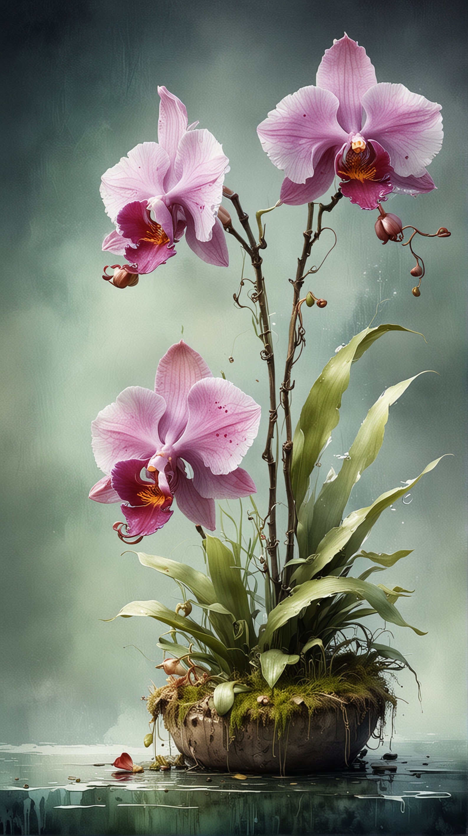 Pink Orchid Dark Theme Art Print Botanical Decor With Green Leaves ...