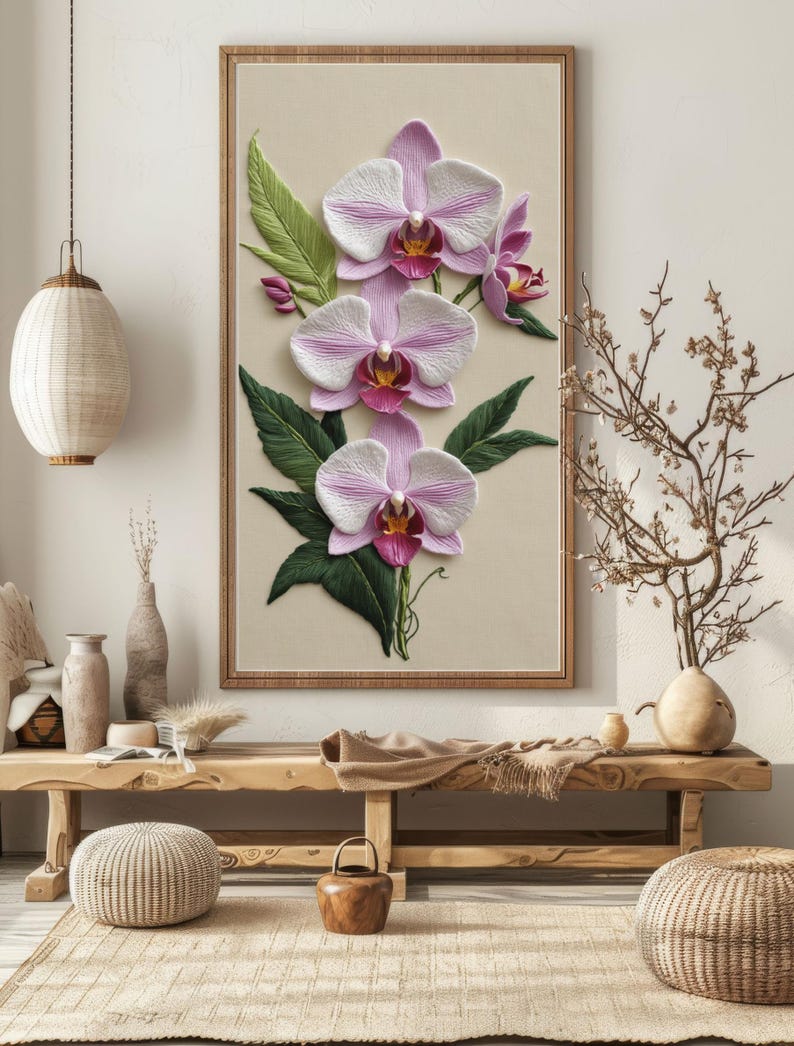 Pink Orchid Embroidery Art - Exquisite Handcrafted Floral Decor ...