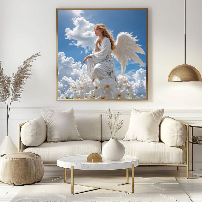 Angelic Lady With Wings on White Orchids, Fluffy Clouds & Blue Skies ...