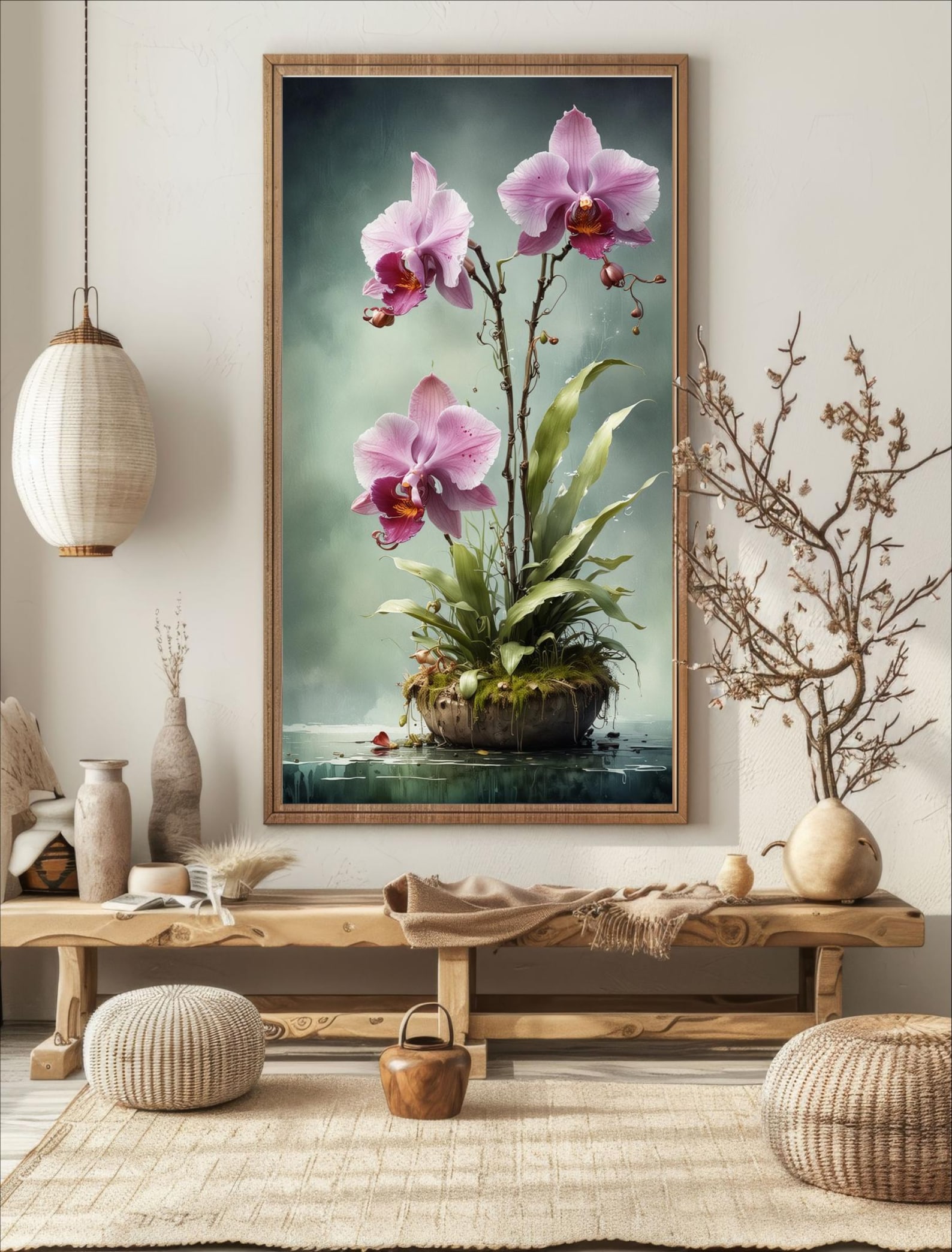 Pink Orchid Dark Theme Art Print Botanical Decor With Green Leaves ...
