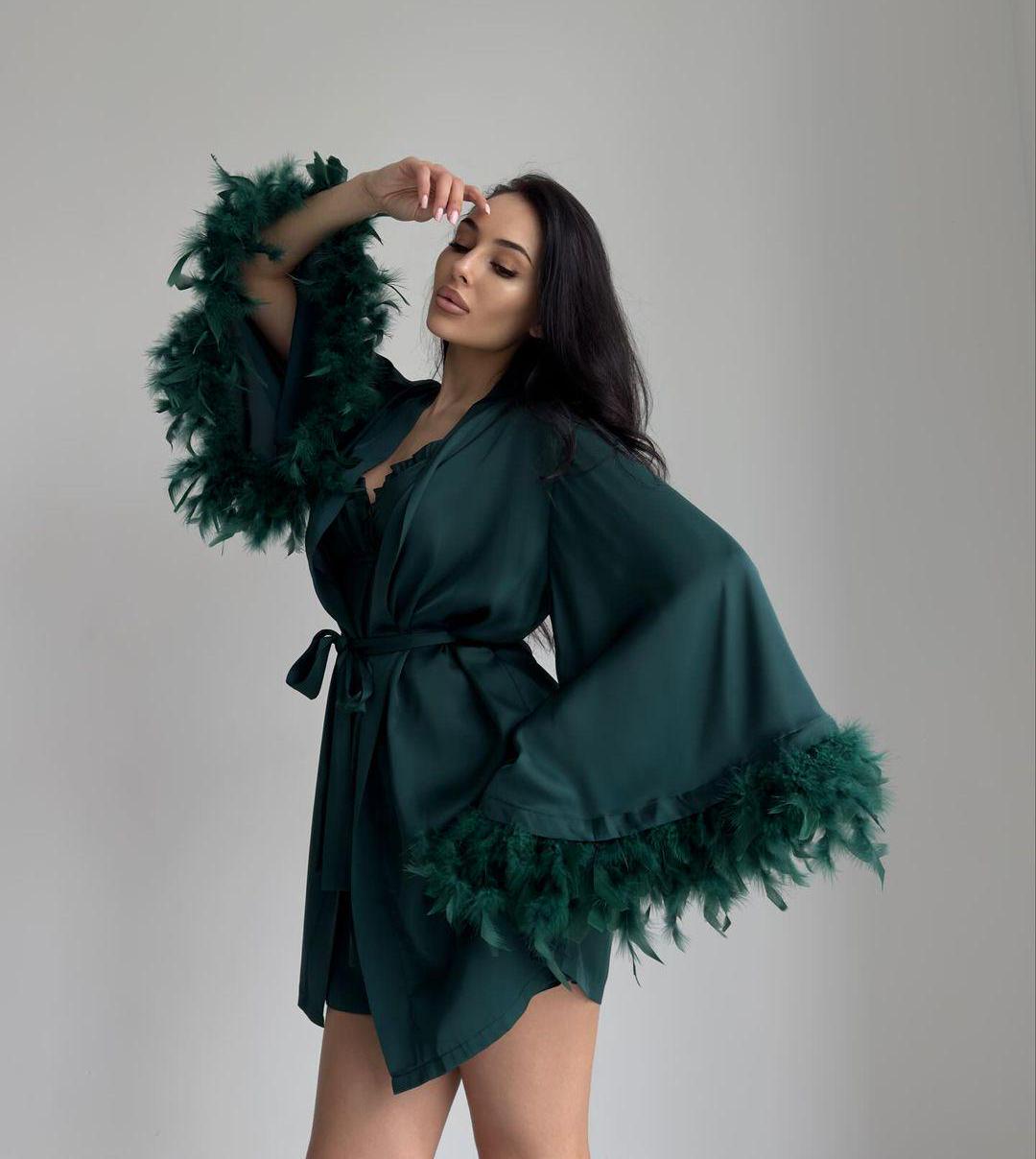 Emerald Green Feather Robe Set - Bridesmaid Robes With Nightdress ...