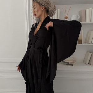 Black Silk Long Kimono Robe and Pajama Set - Luxurious Floor Length ...