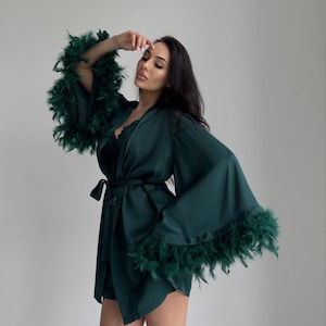 Emerald Green Feather Robe Set - Bridesmaid Robes With Nightdress ...