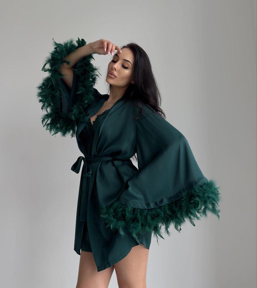 Emerald Green Feather Robe Set Bridesmaid Robes With Nightdress Bride ...